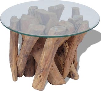 Festnight Glas Couchtisch 50cm | Glasplatte und Teakholz Tischfuss | Kaffeetisch Beistelltisch Wohnzimmertisch Sofatisch Massives Teakholz Braun
