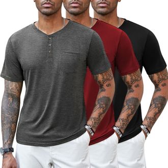 Coofandy 3er Pack Herren Henley Shirt Kurzarm T-Shirt Einfarbig Shirts mit Taschen Männer OberteileTee Schwarz/Dunkelgrau/Weinrot XL