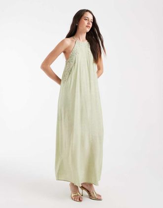 Object Strukturiertes Neckholder-Maxikleid in Salbeigr&uuml;n mit Stickerei