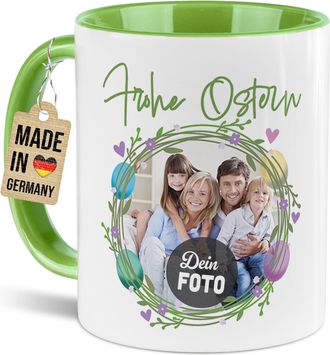 Tassendruck Personalisierte Ostertasse mit Foto selbst gestalten - Frohe Ostern - Osterkranz mit Ostereier - Ostergeschenke für Freundin, Kollegin - Keramiktasse,