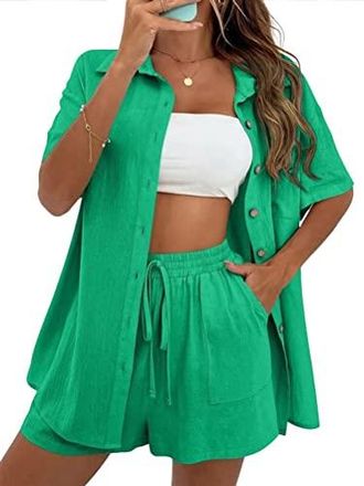 ORANDESIGNE Ensemble Femme Chic Et Elegant Ete Short Et Tee Shirt Casual Outfit Loungewear Set Tenue Décontractée Ensemble De Pyjama Short Vetement A Vert S