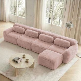 Generic Modernes 2-Sitzer-Sofa, modulares Sofa, rutschfeste Basis, mit 2 Kissen, extra breite ergonomische Armlehnen,for Lesen und Arbeiten(Rosa+Peluche+4 Pla