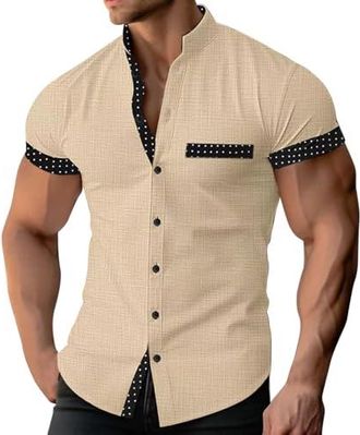 Generic Chemise &agrave; col boutonn&eacute; &agrave; manches longues pour homme, chemise en lin de couleur contrast&eacute;e, chemise tendance, chemise vintage classique, haut confortab