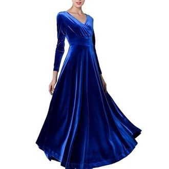 Generic Robe d&eacute;contract&eacute;e en velours dor&eacute; uni sexy pour femme et hiver, col rond, manches longues, robe d&eacute;t&eacute; l&eacute;g&egrave;re, bleu, 3XL