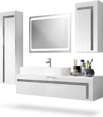 Vladon Badmöbel Komplettset Aloha, Made in Germany, Korpus in Weiß matt/Fronten in Weiß Hochglanz mit Absetzungen in Beton Dunkel Optik, mit Aufsatzwaschbeck