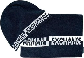 A|X Armani Exchange Logo-Striped Beanie and Scarf Set Scarf - Blue