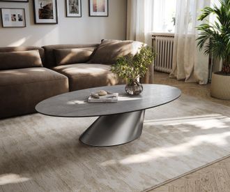 DELIFE Couchtisch Edge Oval 140x80 cm Keramik Beton Grau Conis Edelstahl geb&uuml;rstet, Couchtische