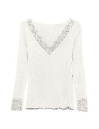 Vero Moda Haut en Dentelle Vmskye Ls &agrave; Encolure en V pour Femme JRS Noos, White Snow, Taille XL, Neige Blanche., XL
