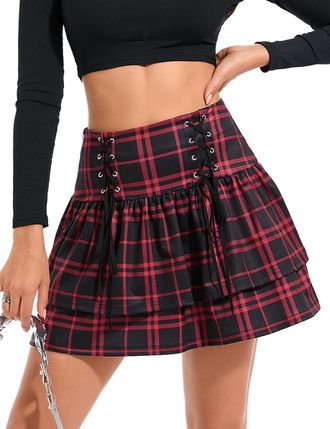 KOJOOIN Damen Gothic Rock Mini Kariert Faltenrock A-Linie Hohe Taille Skirt Cosplay Kleid zum Schn&uuml;ren Rot XXL