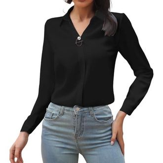 Generic Chemise en satin pour femme avec col &agrave; revers &eacute;l&eacute;gant et col en V en satin de soie &agrave; manches longues - Pull habill&eacute; pour le bureau - Sensation soyeuse