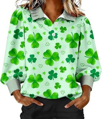 Generic Chemises de la Saint-Sylvestre porte-bonheur &agrave; manches longues boutonn&eacute;es &agrave; revers chemise en satin vert tr&egrave;fle imprim&eacute; comme du satin haut d&eacute;contract