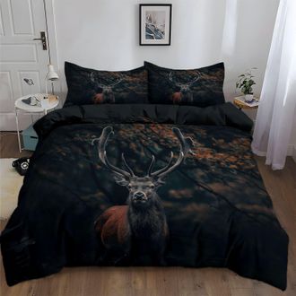 Generic Reversibel Bettbezug Schwarz Schmutzabweisend Sommer Bettw&auml;sche, Rei&szlig;fest 200 x 200 cm Microfaser Weiche 3-Teiliges, Herbst Dunkle Schatten Hirsch Wal