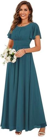 Ever-pretty Robes de Demoiselle dhonneur Col Rond Manches Longue Grand Taille Robe Soirée Femme Longue Bleu Sarcelle 36