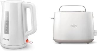 Philips HD9318/00 Wasserkocher Serie 3000, 1,7l, Federdeckel, LED-Anzeige, weiß & HD2581/00 Toaster, integrierter Brötchenaufsatz, 8 Bräunungsstufen, weiß