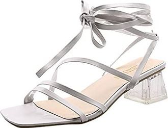 Generic Sandales &agrave; talon &eacute;pais pour femme - Sandales &agrave; talons carr&eacute;s en cristal - Couleur unie - Sandales tendance &agrave; bout carr&eacute; - Sandales plates &agrave; bride de c