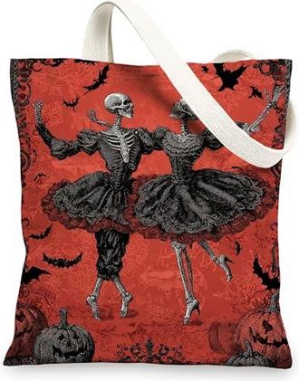 Generic Sacs fourre-tout en toile squelette de danse, art gothique dHalloween, sacs à provisions réutilisables, design effrayant vintage léger lavable Ca, Rou