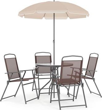 Flash Furniture Nantucket Garten-Set, 6-teilig, Braun, mit Tisch, Sonnenschirm und 4 Klappstühlen