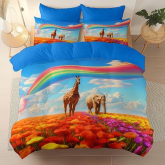 Generic Bettw&auml;sche-Set f&uuml;r Kinder 155 x 220 cm mit Rei&szlig;verschluss, Weiche Kuschelige Mikrofaser Bettbezug, dekoratives Animierte Tulpen Elefanten Muster f&uuml;r M