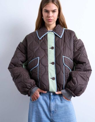 Topshop Gesteppte Patchwork-Hemdjacke in Blau mit kontrastierender Paspelierung