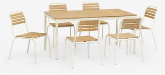 Sklum Set aus rechteckigem Artus-Tisch 160 x 90 cm und 6 stapelbaren Gartenst&uuml;hlen aus Stahl und Akazienholz Gardenia Wei&szlig; - Sklum