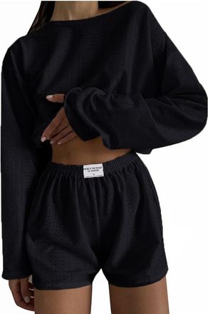 Minetom Zweiteiler Damen Freizeitanzug Loungewear Lose T-Shirt Hohe Taille Hose Oberteile und Shorts Set Sport Jogginganzug Hausanzug A Schwarz L