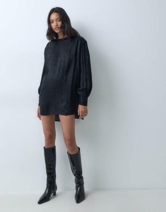 Asos robe courte jacquard &agrave; col ras de cou avec manches bouffantes noire
