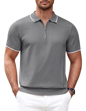 Coofandy Poloshirt Herren Kurzarm Strick Polo T-Shirt mit Reißverschluss Knit Polohemd Sommer Tshirt mit Polokragen Golf Shirts Grau XXL