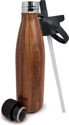 Nerthus Kitchenware Nerthus Doppelwandige Thermosflasche f&uuml;r Kaltes und Hei&szlig;es, aus Edelstahl, mit Trinkhalmdeckel, Holz, 500 ml