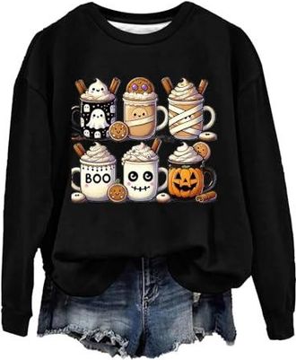 Generic Pull pour femme - Motif citrouille café - Rétro - Pour lautomne - Cadeau de Thanksgiving - Pull à manches longues, Noir, M