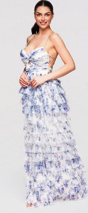 Ombre Abendkleid Maxikleid Abendkleid T&uuml;ll mit Schn&uuml;rung Blau M (kein Set, 1-tlg) Offener R&uuml;cken mit gekreuzten B&auml;ndern und regulierbarer Schn&uuml;rung