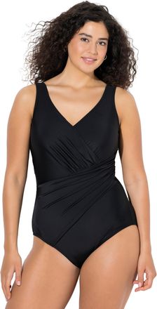 Ulla Popken Damen gro&szlig;e Gr&ouml;&szlig;en &Uuml;bergr&ouml;&szlig;en Plus Size Badeanzug, drapiert, Softcups, recycelt schwarz 46 846225100-46