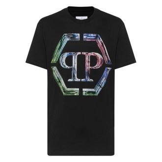 Philipp Plein Homme, Tops, Noir, Taille: 4XL T-shirt Col Rond SS PP Glass