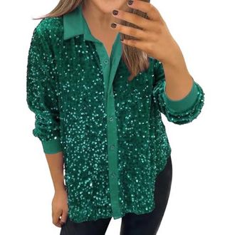 Generic Haut &agrave; paillettes pour femme - Jupe ample &agrave; paillettes en maille transparente - Haut &agrave; manches longues - &Eacute;l&eacute;gant chemisier habill&eacute; - Pull ample tendan