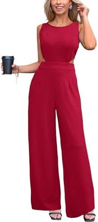 Cupshe Combinaison une pièce pour femme Découpe Col rond Sans manches Entière Dos nu Longue Jambes larges Décontractée Élégante, Rouge, M
