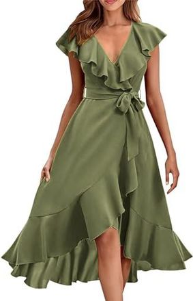 Generic Robe portefeuille pour femme avec col en V, manches courtes, volants et lacets, GN3., XL