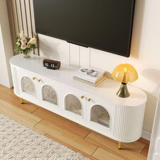 Urban Meuble Meuble TV blanc style boh&egrave;me cot&eacute;s arrondis 4 portes en verre poign&eacute;es et pieds dor&eacute;s