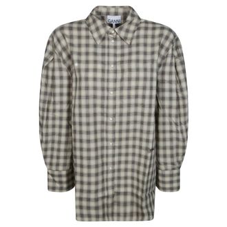 Ganni Hemd aus Flanell mit Karomuster und Falten&auml;rmeln - - Blouses & Shirts - Damen - Beige - 4XS