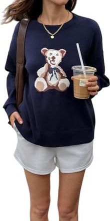 Generic Pull &agrave; motif ours pour femme, haut en tricot ample avec poignets c&ocirc;tel&eacute;s pour un confort d&eacute;contract&eacute; et un style mignon, bleu marine, S