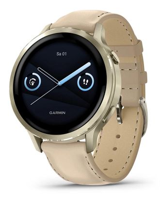 Garmin Venu 4 - 41 mm Beige/Lunargold mit Schnellwechsel-Leder-Armband 18 mm Heller Sand Unisexuhr 010-03013-03