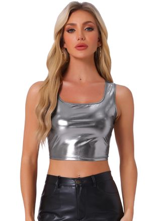 Allegra K Damen Metallic Crop Top Party Tanktop &Auml;rmellos Gl&auml;nzend Club Bauchfrei Oberteil Schwarz Silber XL