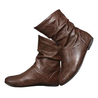 Generic Bottines molles en cuir pour femme, talon bas, d&eacute;contract&eacute;, confortable, mi-mollet, bottes courtes tendance &agrave; bout rond fronc&eacute; avec fermeture &eacute;clair l