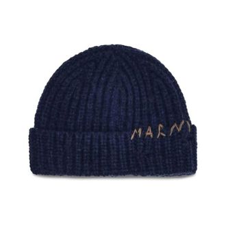 Marni Homme, Accessoires, Bleu, Taille: ONE Size Bonnet en Laine Côtelée avec Logo