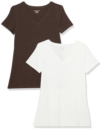 Amazon Essentials Damen T-Shirt Regular Fit mit kurzen Ärmeln und V-Ausschnitt, 2er-Pack, Espresso/Weiß, XL