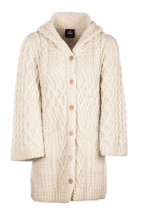 Aran Woollen Mills 100% Merinowolle Aran Damen Merino Lange Strickjacke mit Kapuze, in Wei&szlig;/Holzkohle/Wicker/Armeegr&uuml;n (Wei&szlig;, XX-Large)