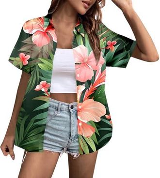 Generic Chemise hawa&iuml;enne d&eacute;t&eacute; pour femme - Motif palmier hawa&iuml;en - Cara&iuml;bes tropicales - Chemise amusante &agrave; manches courtes - Boutonn&eacute;e - Tendance - D&eacute;contra