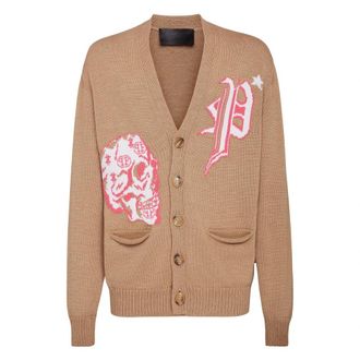 Philipp Plein Merino Wool Cardigan Short Jacquard Skull - - Knitwear - Herren - Beige - L