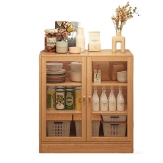 Generic K&uuml;chen-Sideboard im Massivholzstil mit hochtransparentem Glasvitrinenschrank, mit Zapfenverbindungen for eine &auml;sthetische Optik und praktische Aufbewa