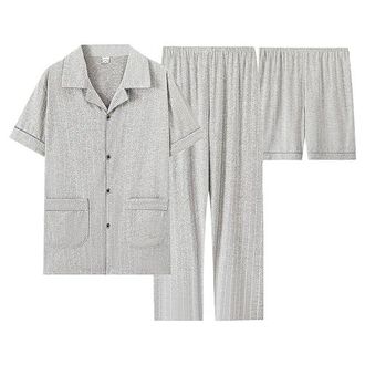 Generic Vêtements de détente en coton à manches courtes pour homme - Pantalon et short - 3 pièces - Imprimé 3D - Couleur unie - Col boutonné - Avec poches - R