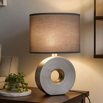 Fischer & Honsel Lampe de table argent&eacute;e Lampe dappoint Lampe de chevet ovale Tissu anthracite blanc Lampe de lecture, c&eacute;ramique, 1x douille E14, LxlxH 23x13x38 cm