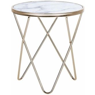 Beliani Beliani - Beistelltisch Weiß Gold Sicherheitsglas Metall 50 x 55 cm v förmigen Füße Couchtisch Glänzend Marmor Optik Rund Modern